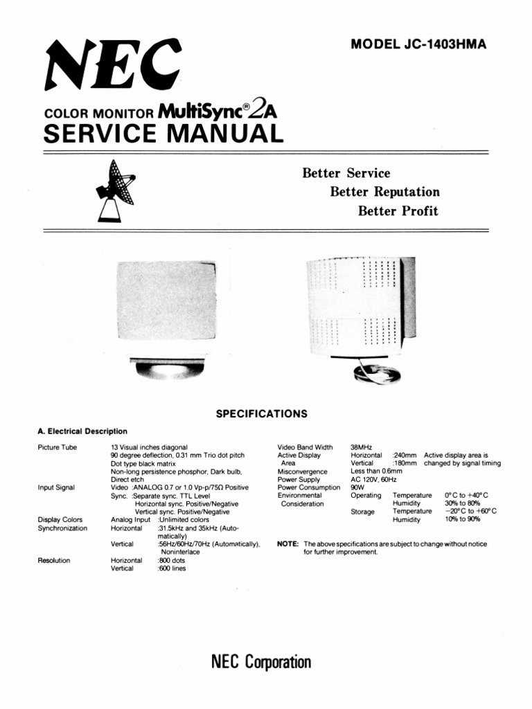 NEC MultiSync 2A Service Manual Model JC-1403HMA | PDF