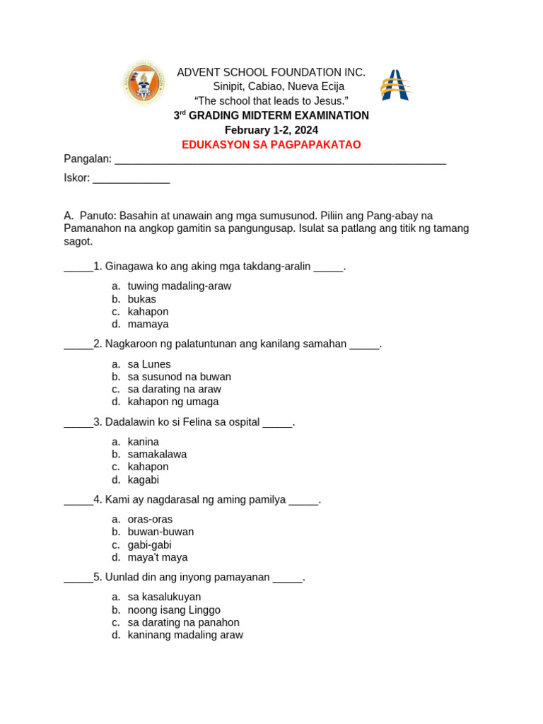 filipino exam | PDF