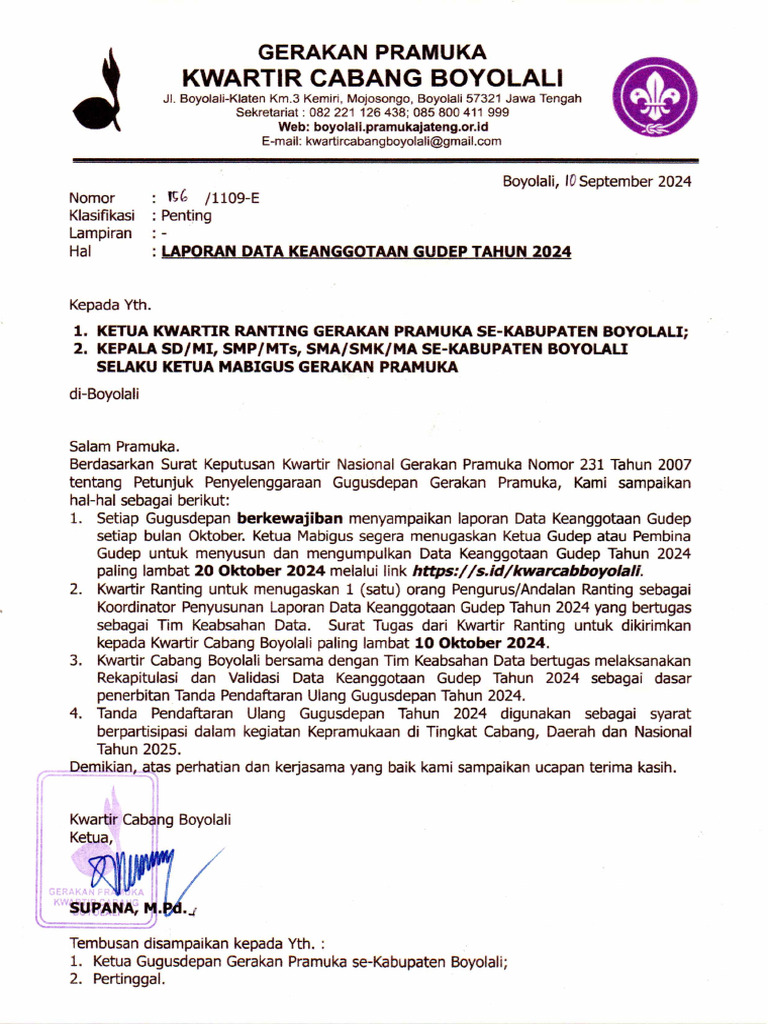 Laporan Data Keanggotaan Gudep Tahun 2024 | PDF