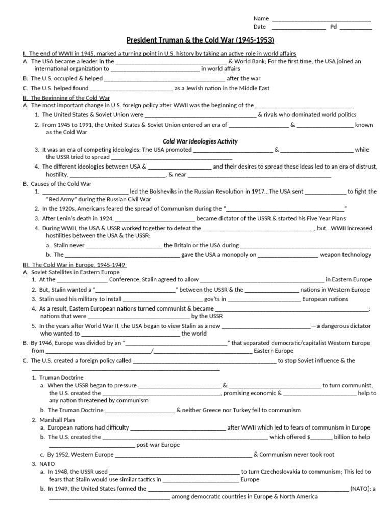 1 President Truman and The Cold War Incompleted Chart - Student Version ...