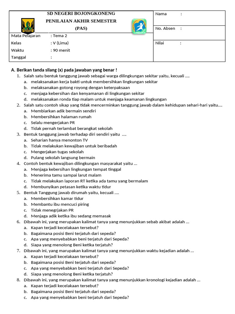 Soal PAS TEMA 2 Kelas 5 SMT 1 | PDF