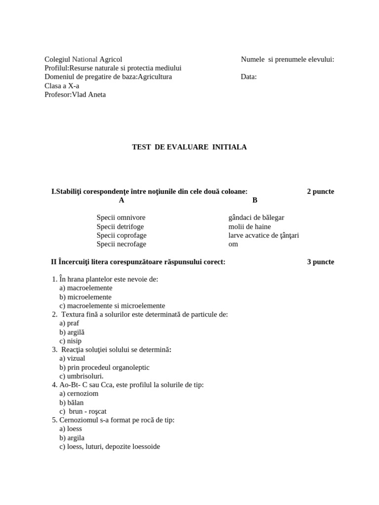 Test de Evaluare Initiala Clasa A Xa | PDF