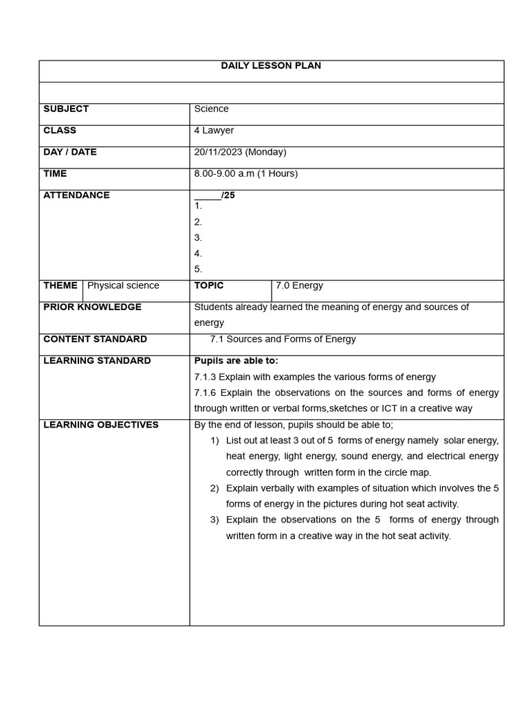 Daily Lesson Plan YEAR4 Science Forms of Energy | PDF | Solar Energy | Art