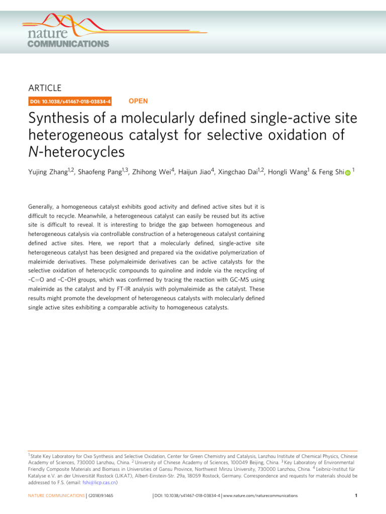 Synthesis of A Molecularly Defined Single-Active Site Heterogeneous Catalyst For Selective ...