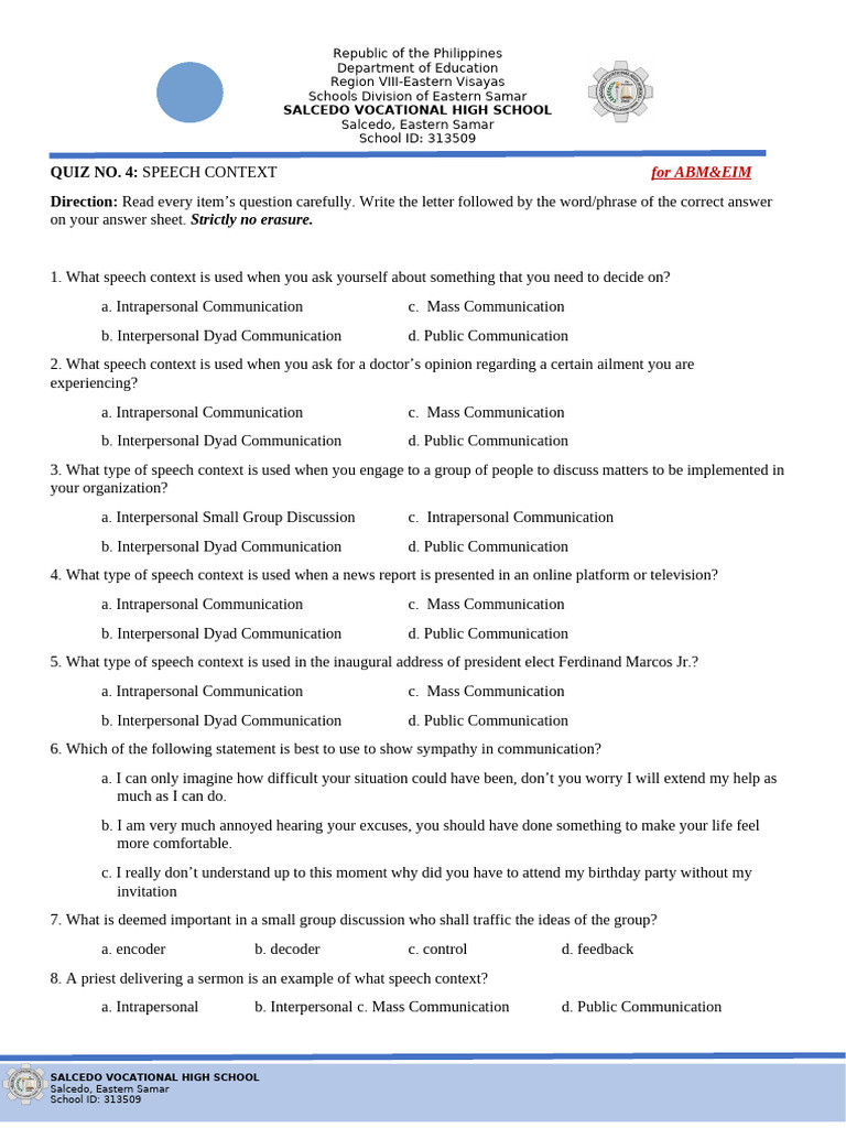 QUIZ 4 in Oral Communication | PDF