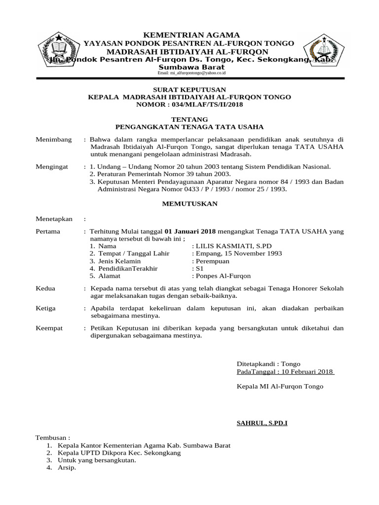 Contoh SK TU Sekolah | PDF