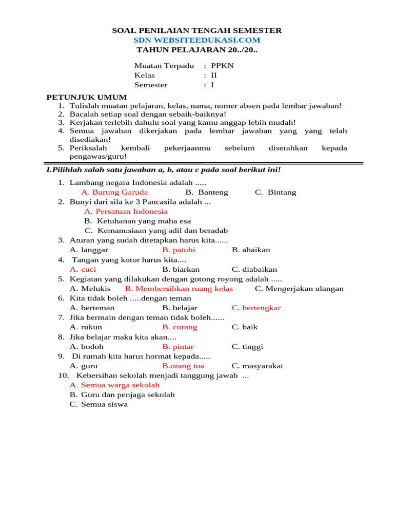 Soal PTS PPKN Kelas 1 | PDF