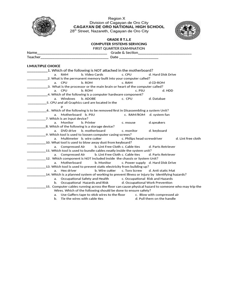 TLE 8 Exploratory Computer System Servicing 1st Quarter Exam | PDF