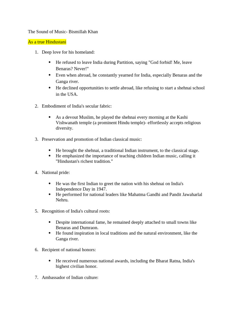 The Sound of Music - Bismillah Khan Notes | PDF