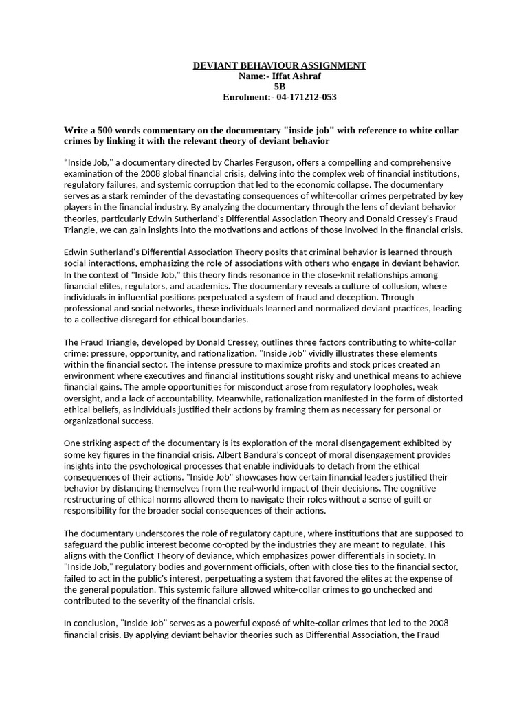 Deviant Behaviour Assignment Name:-Iffat Ashraf 5B Enrolment: - 04-171212-053 | PDF | Deviance ...