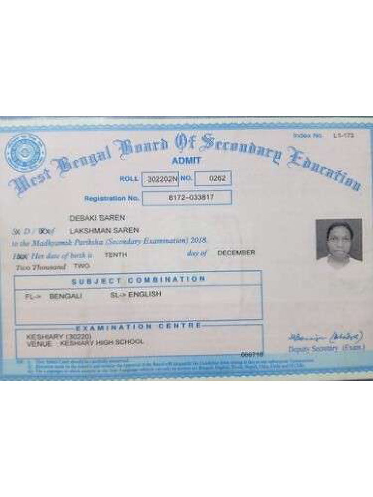 Madhyamik Admit Card | PDF