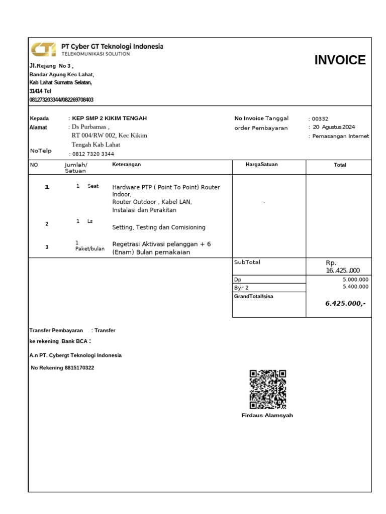 Invoice Pemasangan Internet PT Cybergt | PDF