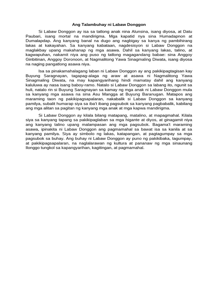 Filipino Assignment Ang Talambuhay Ni Labaw Donggon | PDF