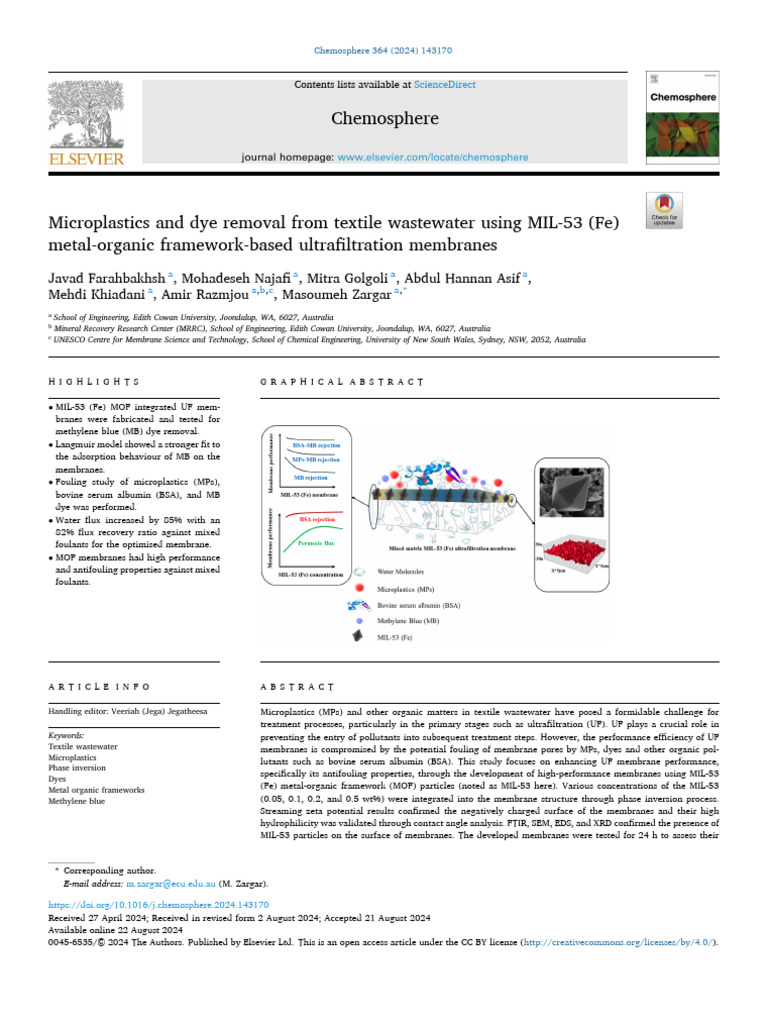 Microplastics and Dye Removal From Textile Wastewater Using MIL-53 (Fe) Metal-Organic Framework ...