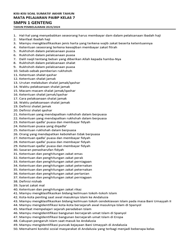 Kisi-Kisi Soal SAT PAI 7 2024 | PDF