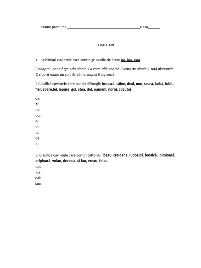 Limba Romana, Ex. Diftongi, Triftongi | PDF