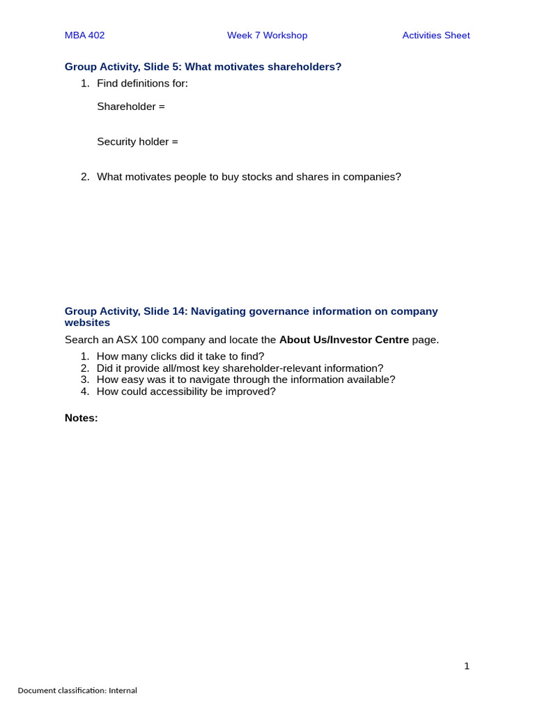 MBA402 Week 7 Activities Sheet | PDF