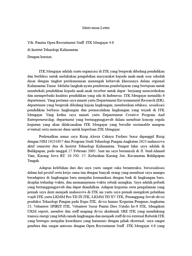 Rizqi Alreza Cahaya Firdaus - Motivation Letter Itkm | PDF