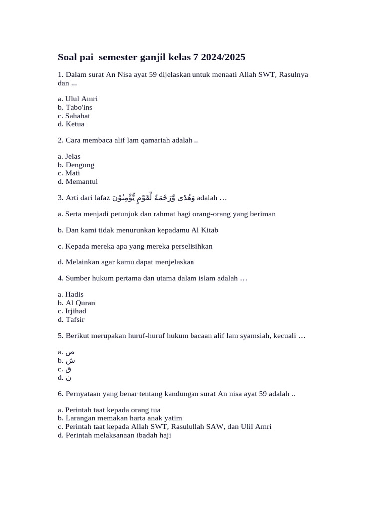 Soal Pai SMTR 1 KLS 7 Reguler (35 Soal) 2024 | PDF