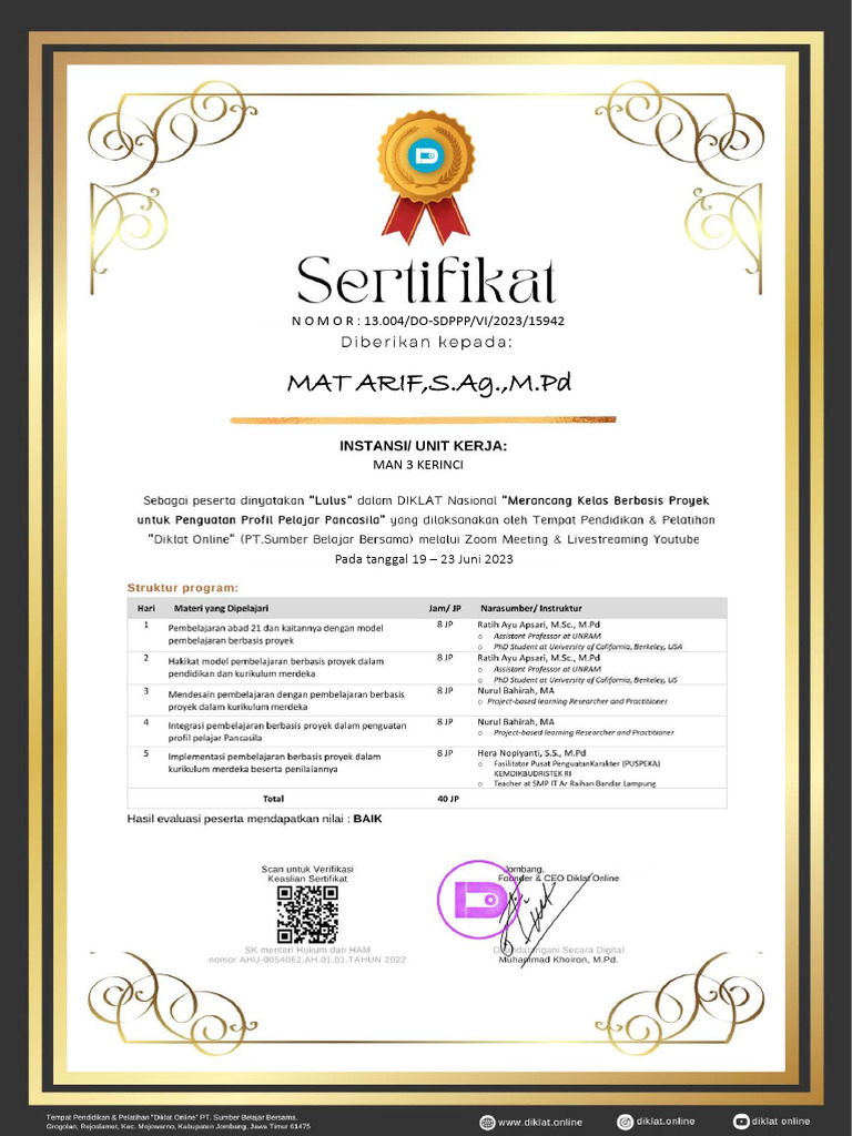 SERTIFIKAT 40 JP PELAJAR PANCASILA Mat ARIF | PDF