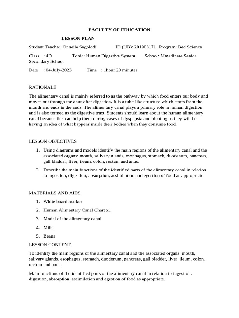 Digestive System Lesson Plan 4D | PDF