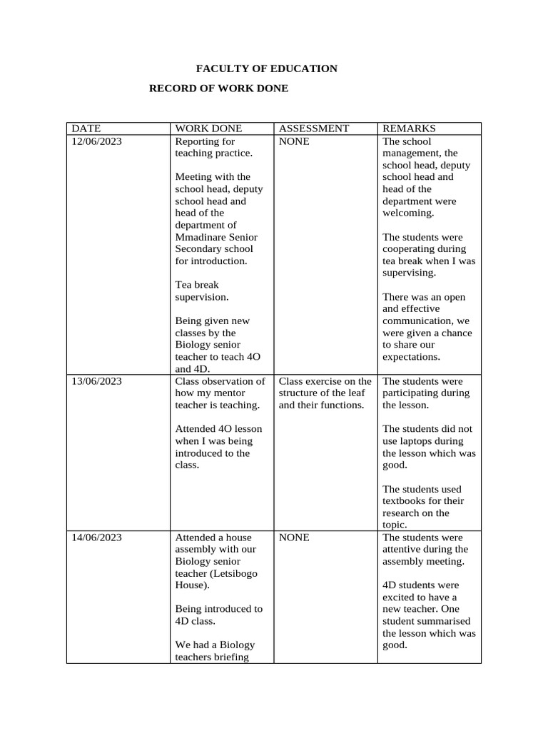 Record of Work Done | PDF