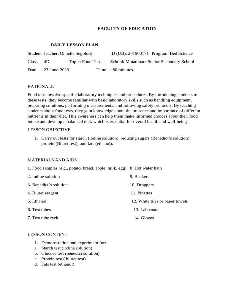 GCSE Food Tests Lesson Plan | PDF | Experiment | Foods