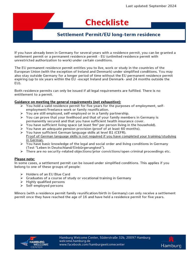 Checklist Settlement Permit and Eu Long Term Residence Data | PDF ...