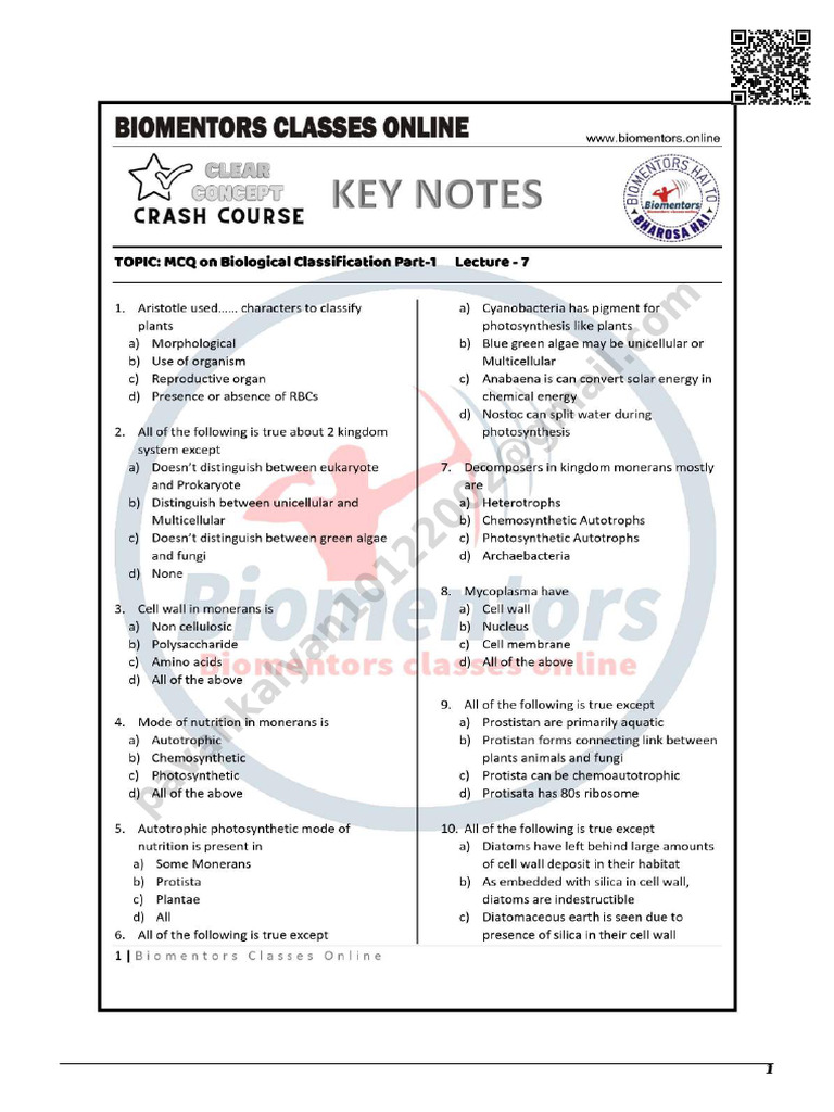 Biological Classification Part 1 MPQ - Crash Course Key Notes | PDF