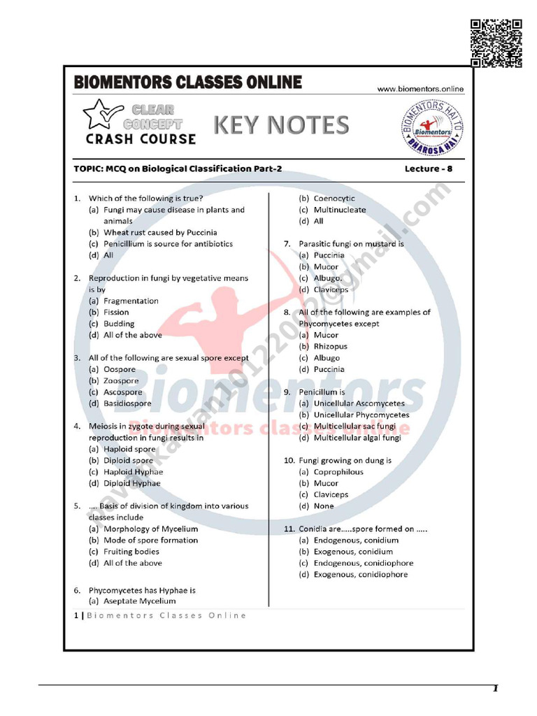 Biological Classification Part 2 MPQ - Crash Course Key Notes | PDF
