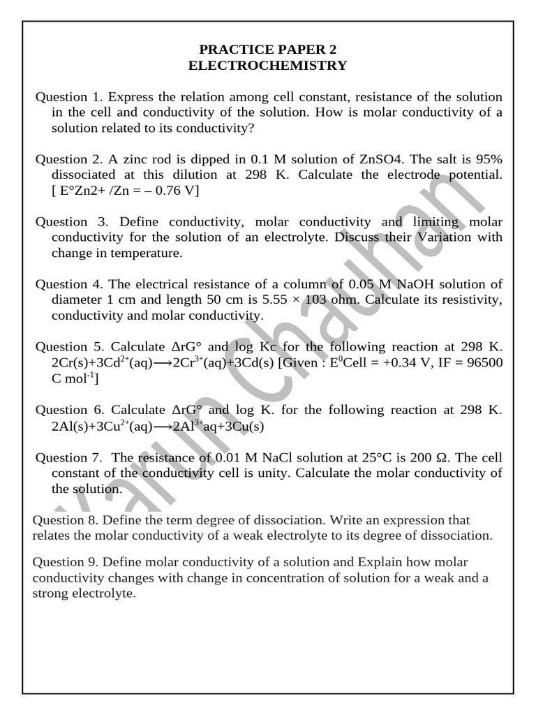 Practice Paper 2 Electrochemistry | PDF | Science & Mathematics