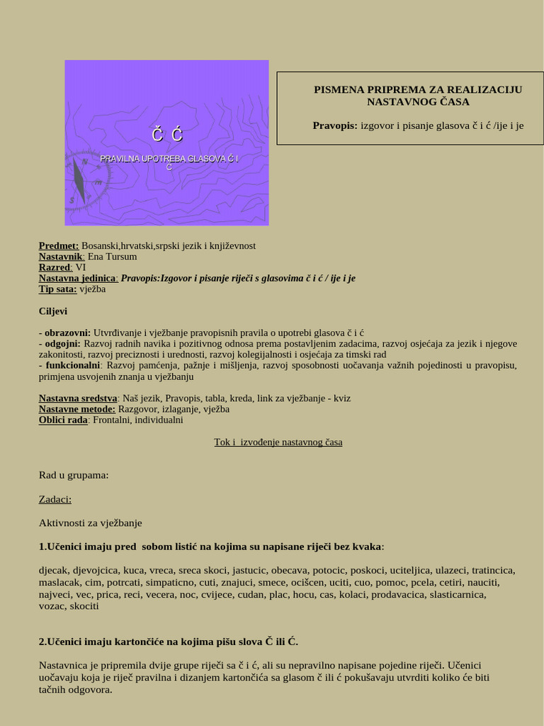 Izgovor I Pisanje Riječi Sa Glasovima Č I Ć - Ije I Je (Vježba) | PDF