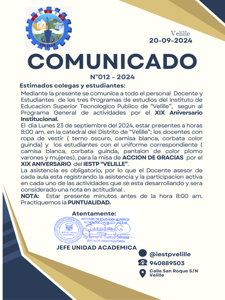 Misa de Acción de Gracias - XIX Aniversario IESTP Velille | PDF