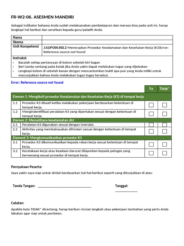 Form. WS02-06. Contoh Asesmen Mandiri | PDF