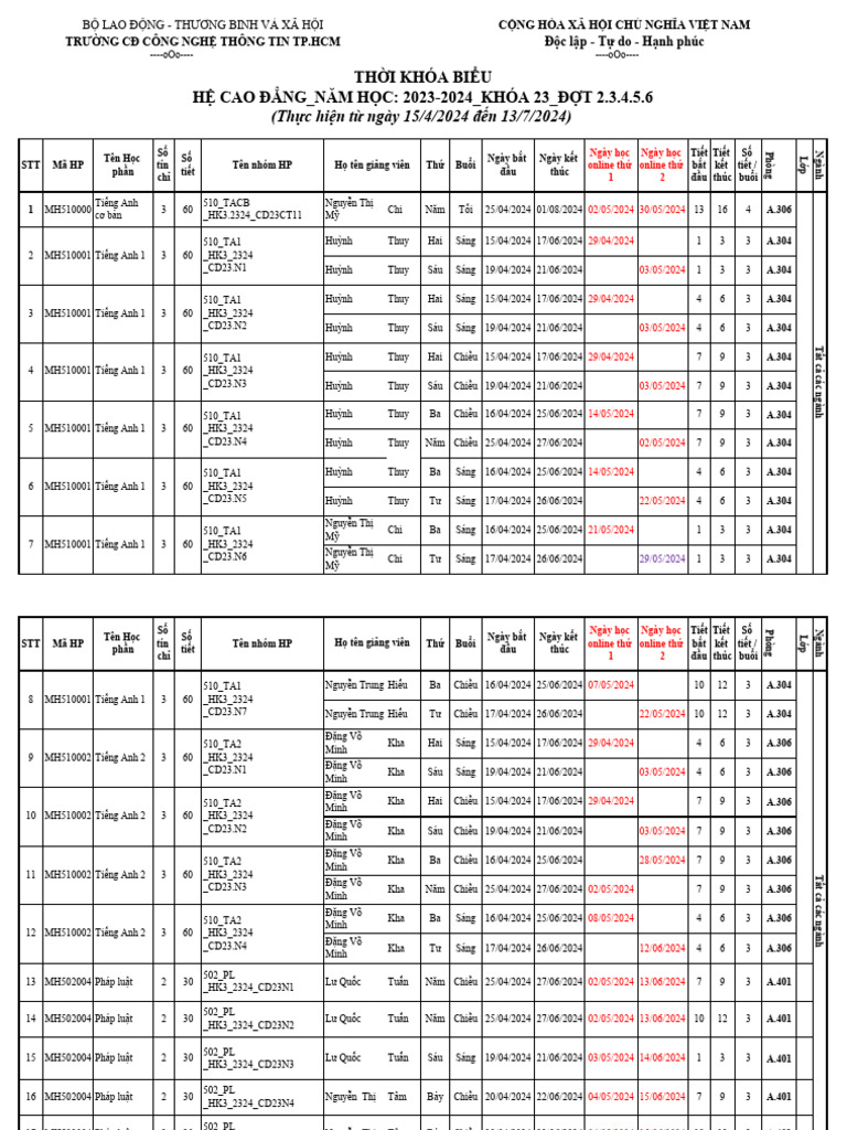 TKB HK3 - 2023-2024 - CAO ĐANG - KHOA 23 - Chinhthuc | PDF
