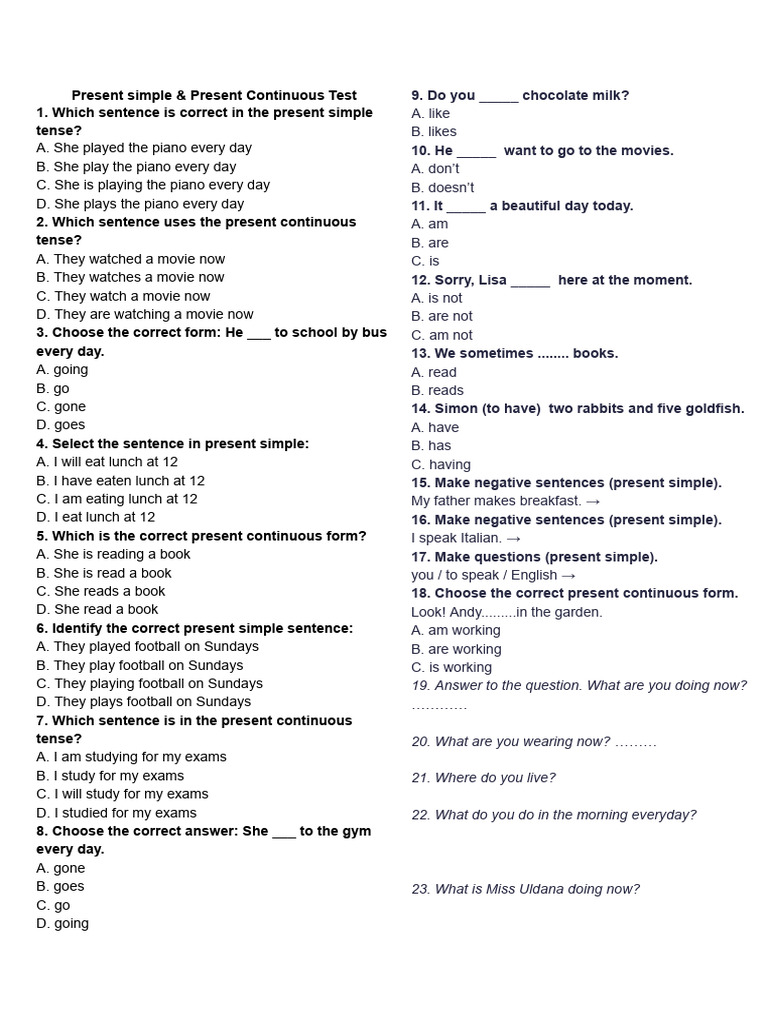 Present Simple & Present Continuous Test | PDF