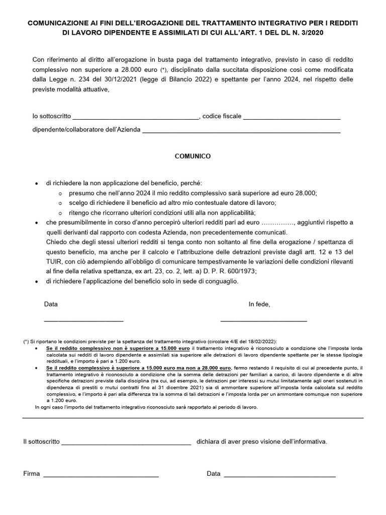 Modello Erogazione Trattamento Integrativo D L 3 2020 Anno 2024 | PDF