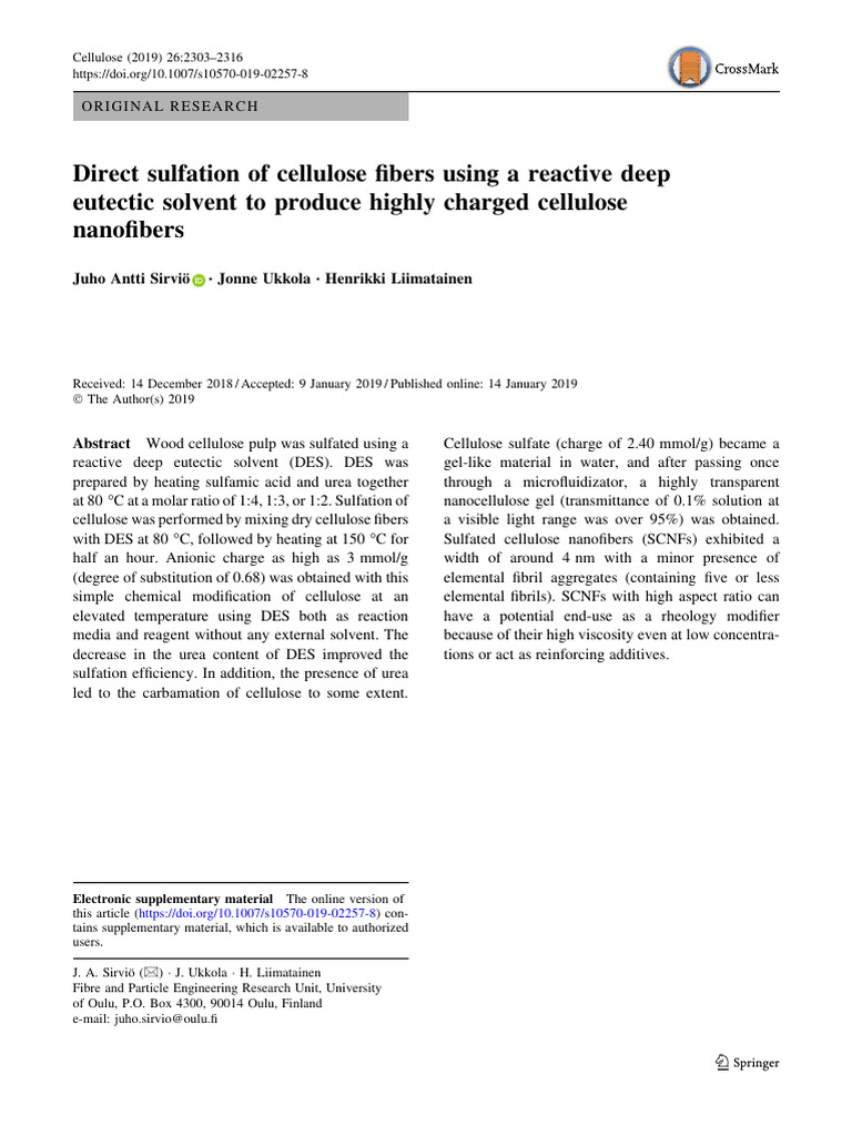 Direct Sulfation of Cellulose Fibers Using A Reactive Deep Eutectic ...