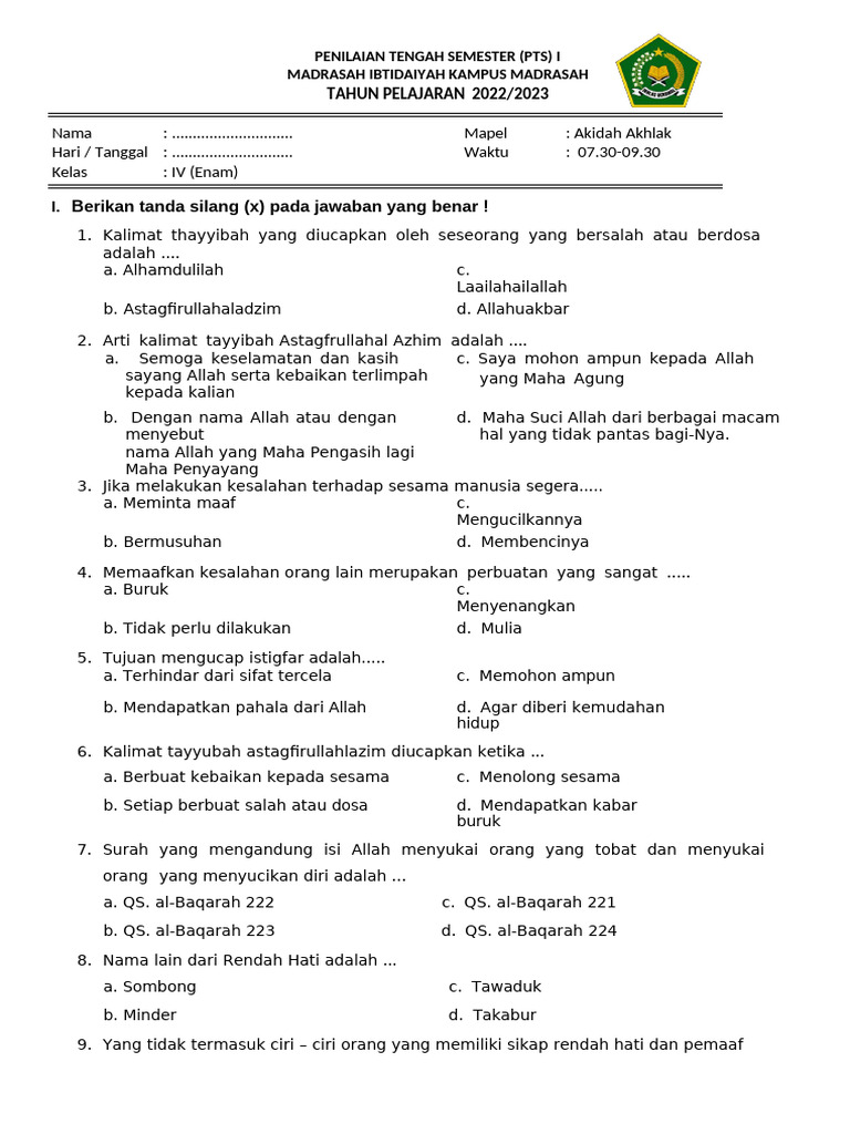 Soal Pts Akidah Akhlak Kelas 6 | PDF | Semitic Words And Phrases | Religion & Spirituality