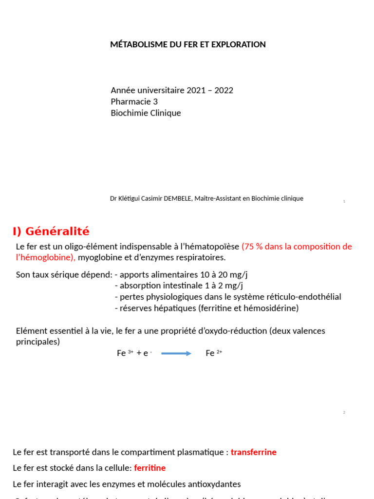 Chap 2 Métabolisme Et Exploration Du Fer | PDF