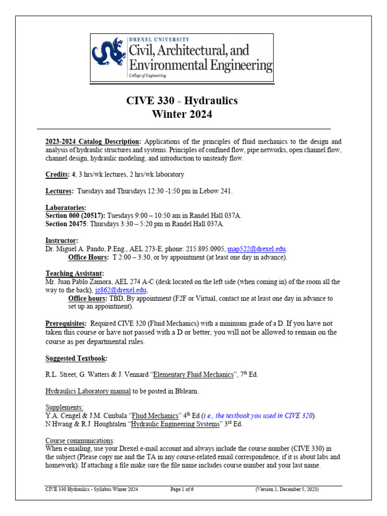 CIVE 330 Winter 2024 Syllabus-Version-1 | PDF