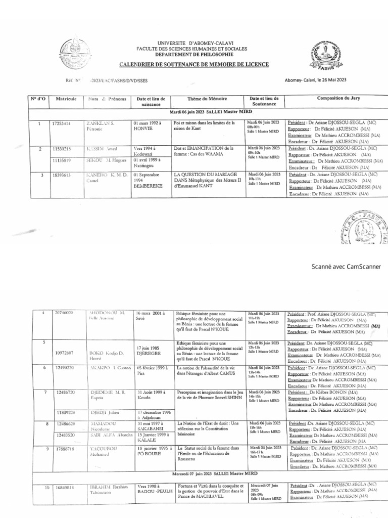 Calendrier de Soutenance de Mémoire de Licence Juin 2023 | PDF