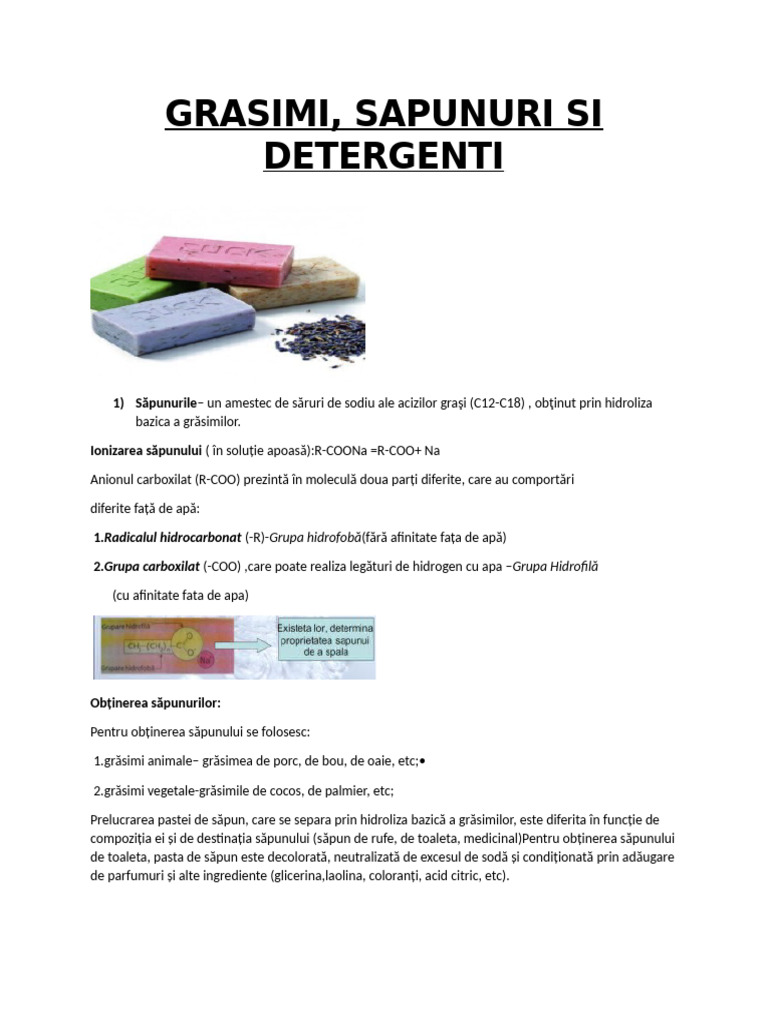 Grasimi, Sapunuri, Detergenti - Proiect Chimie | PDF