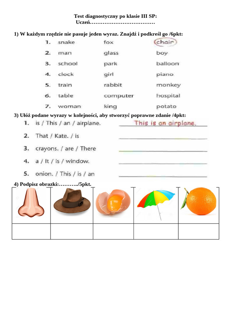 Angielski Diagnoza Po Klasie 3 | PDF