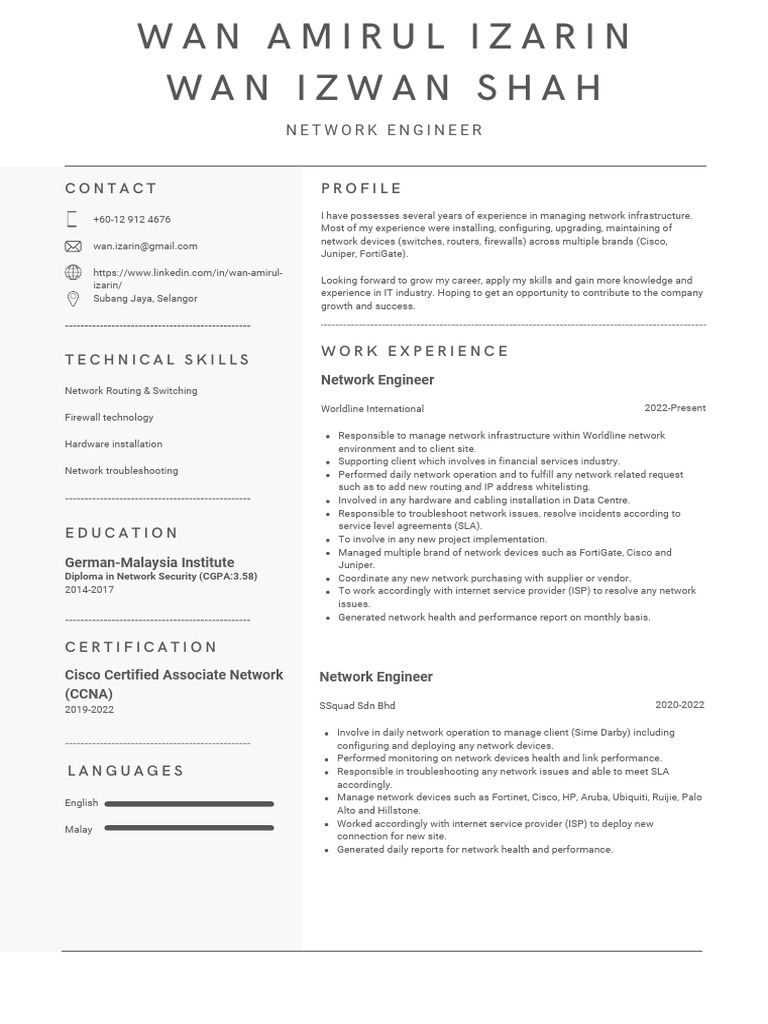 Amirul Network Engineer Resume | PDF | Computer Network | Computers