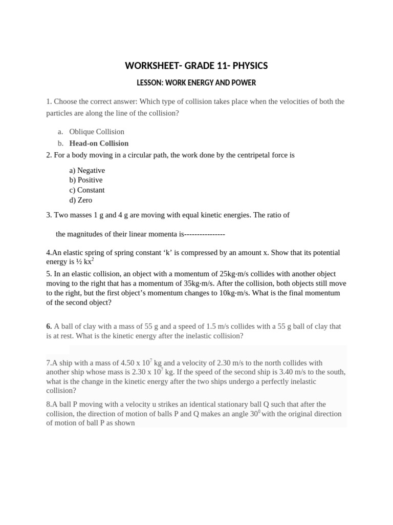 Worksheet-Grade 11 - Work Jenergy and Power | PDF