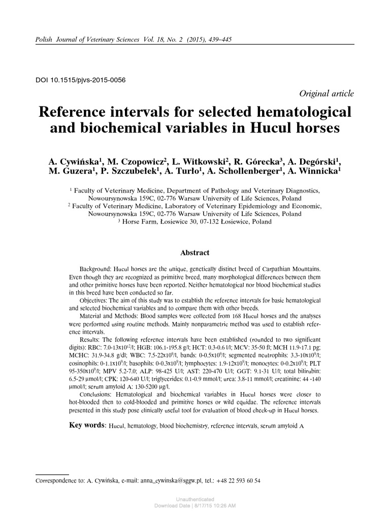 Reference Intervals For Selected Hematological Hucul Pdf 3232
