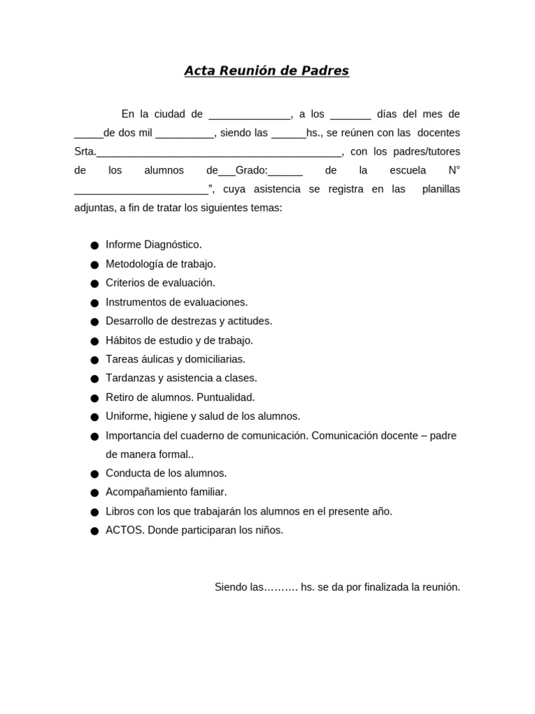 Acta Reunión de Padres (Moddelo | PDF