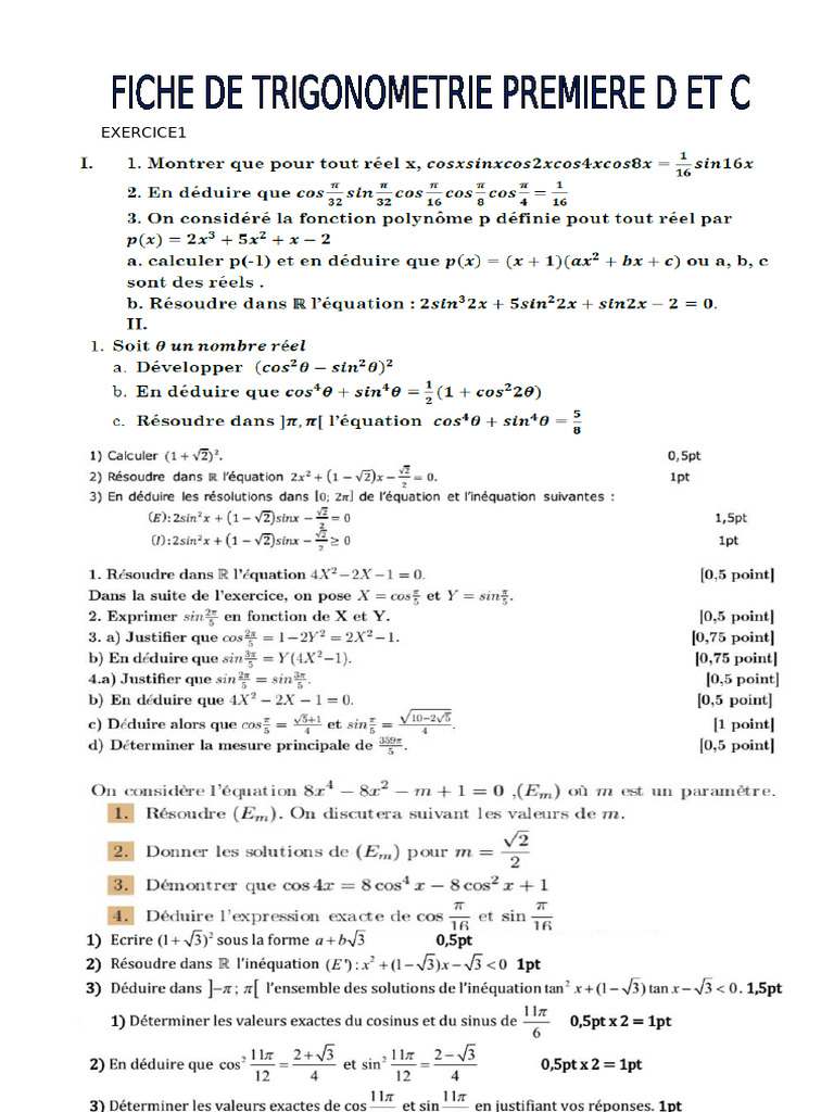 fiche TD trigonometrie premiere C et D 2023-2024 | PDF