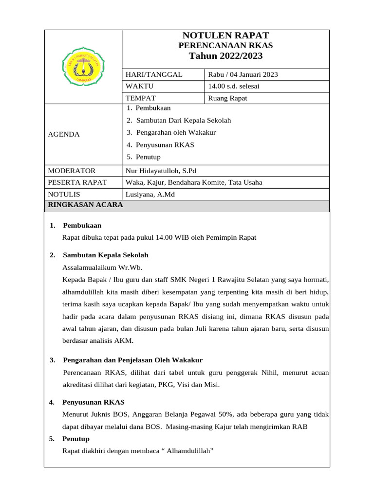 Notulen Rapat SMKN1 RJS | PDF